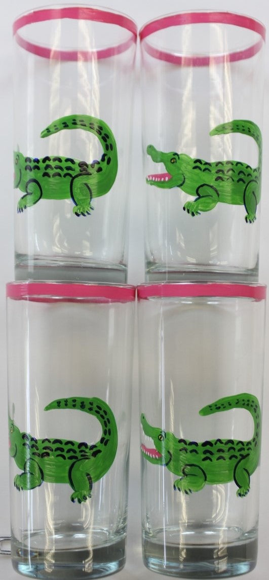 "Set x 4 Hand-Painted Alligator Highball Glasses" (NEW)