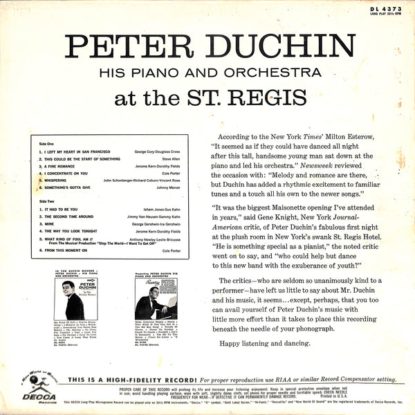 "Peter Duchin: His Piano And Orchestra - At The St. Regis" 1963
