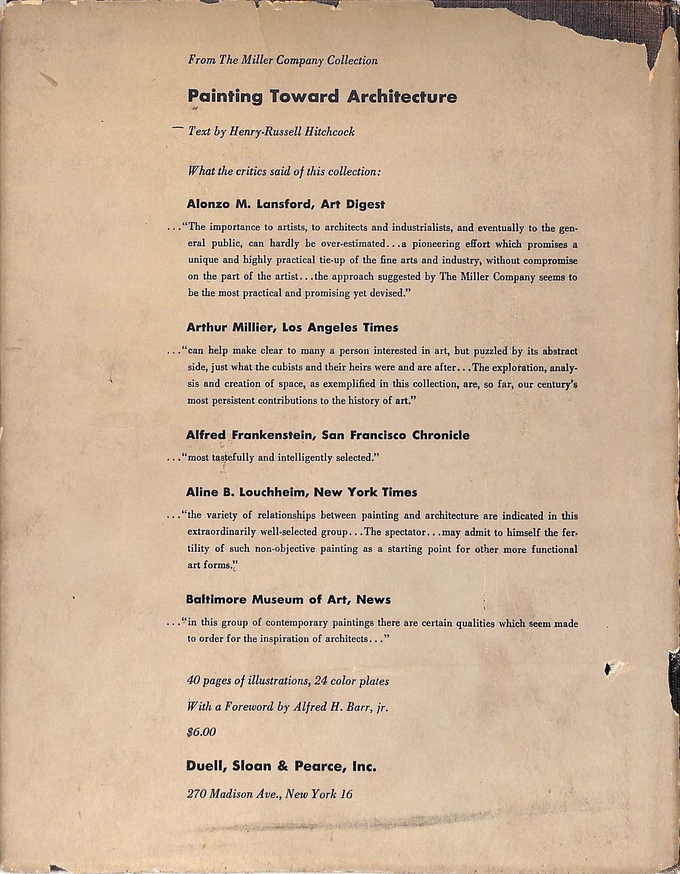"Painting Toward Architecture" 1948 HITCHCOCK, Henry-Russell