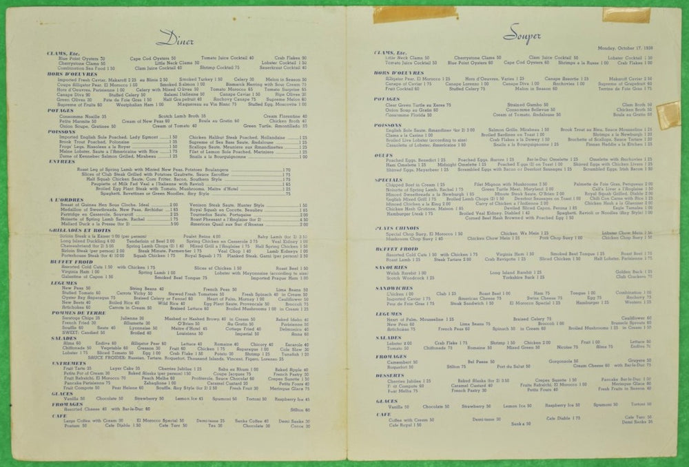 John Perona El Morocco Menu Monday, October 17, 1938