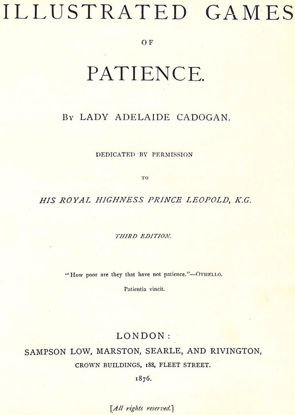 "Illustrated Games Of Patience" 1876 CADOGAN, Lady Adelaide