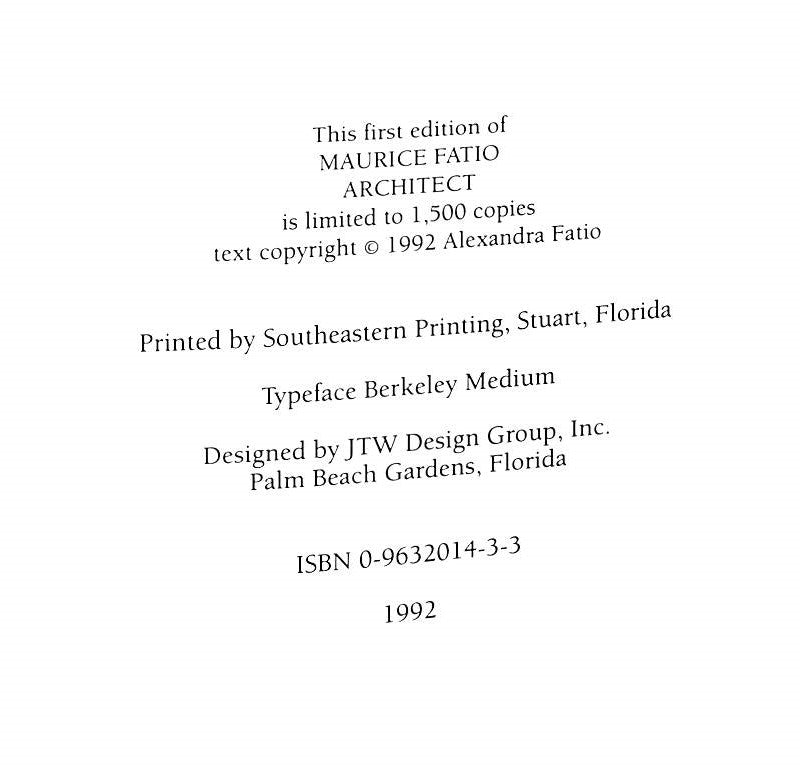 "Maurice Fatio Architect New York/ Palm Beach" 1992 FATIO, Alexandra