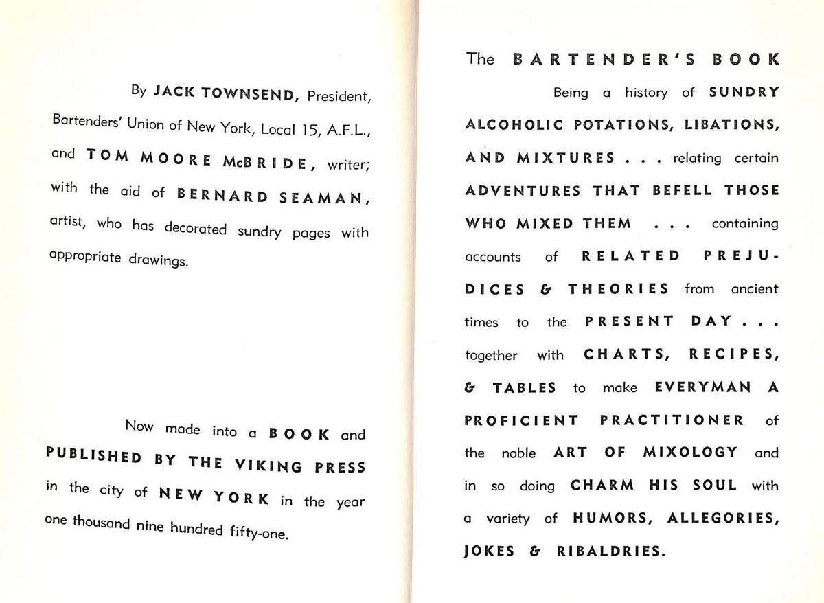 "The Bartender's Book" 1951 TOWNSEND, Jack and MCBRIDE, Tom Moore