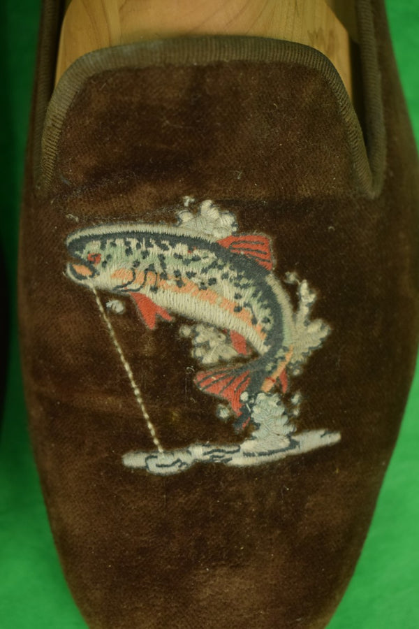 "Stubbs & Wootton Chocolate Suede Fly-Fisherman w/ Leaping Trout Emb T