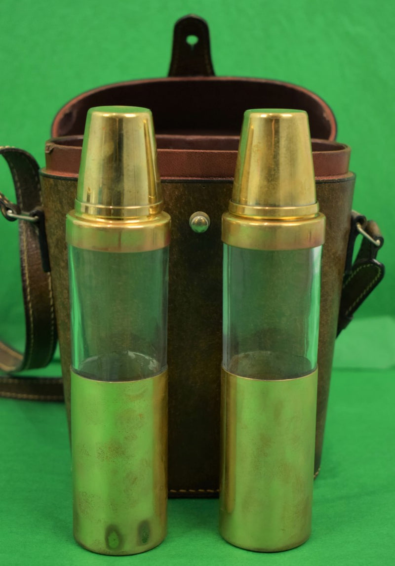 "Gucci Twin Glass/ Brass Lid c1970s Flasks In Leather Case w/ Strap"