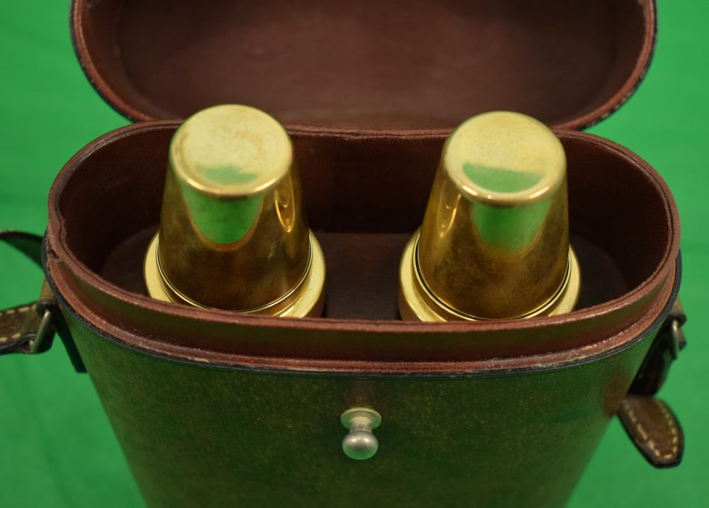 "Gucci Twin Glass/ Brass Lid c1970s Flasks In Leather Case w/ Strap"