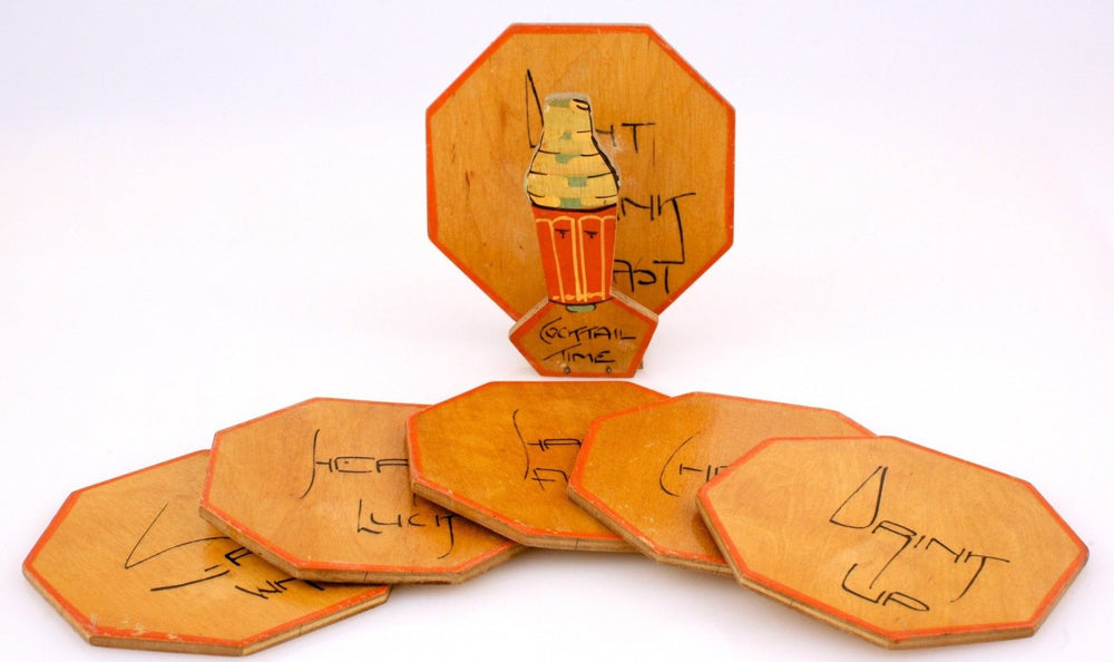 "Set x 6 Wooden Stacking Octagonal "Cocktail Time" Ray Reen Coasters w