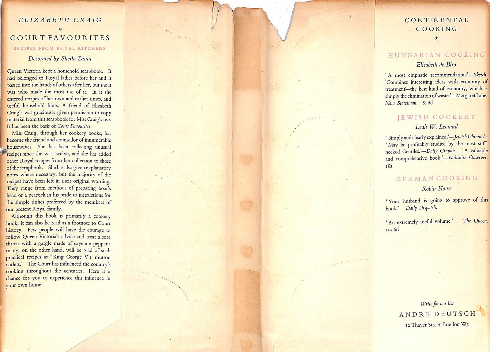 "Court Favourites Recipes From Royal Kitchens" 1953 CRAIG, Elizabeth