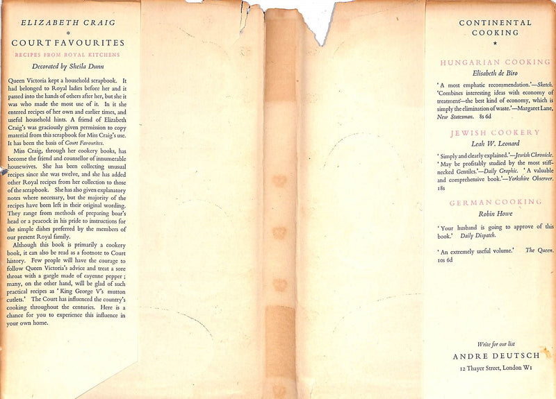 "Court Favourites Recipes From Royal Kitchens" 1953 CRAIG, Elizabeth